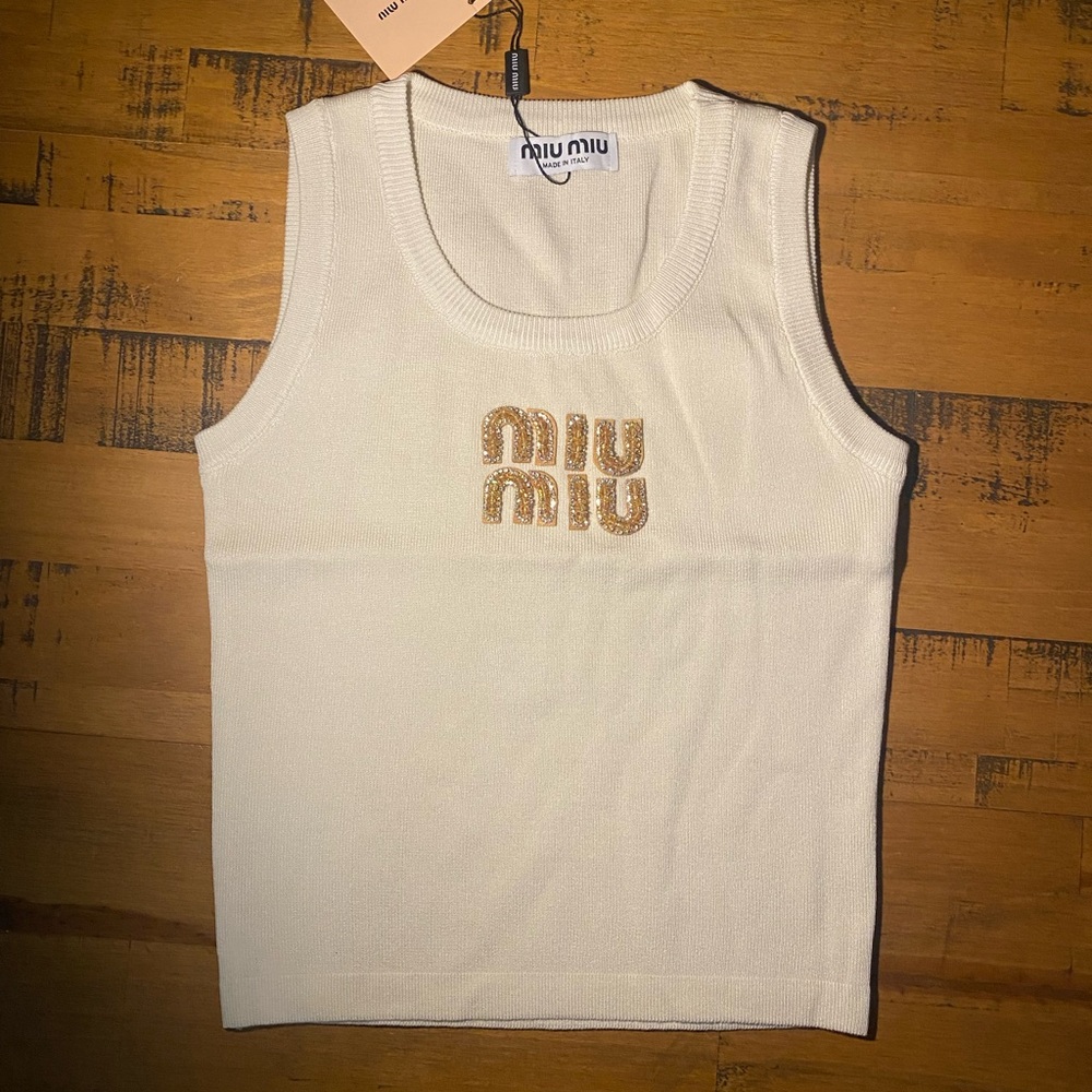 Miu Miu Cream Tank Top With Gold Logo - Gem